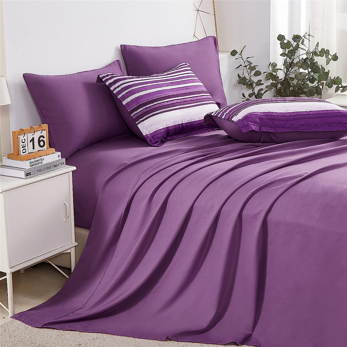 KAKIJUMN 5 Piece Bed in a Bag Stripe Comforter Set Twin Size, White and Purple Patchwork Striped Comforter and Sheet Set, All Season Soft Microfiber Complete Bedding Sets(Purple,Twin)
