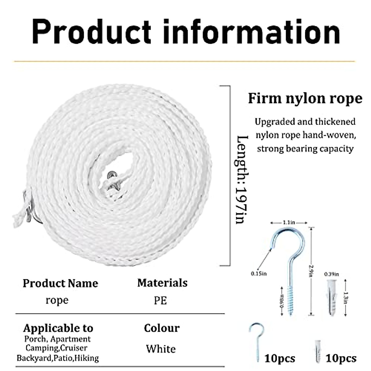 Windproof Clothesline,Travel Clothesline, Camping Clothesline, Durable Travel Clothes Line Rope, Portable Clothes Drying Line, Suitable for Outdoor and Indoor（White）