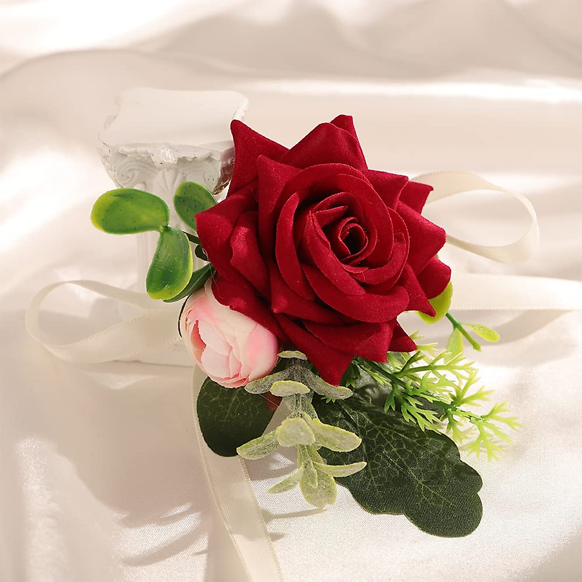 Kercisbeauty 2pcs Red Rose Corsage Set for Wedding Bridesmaid Flower Wristlet Band for Homecoming Prom Girls (Red)