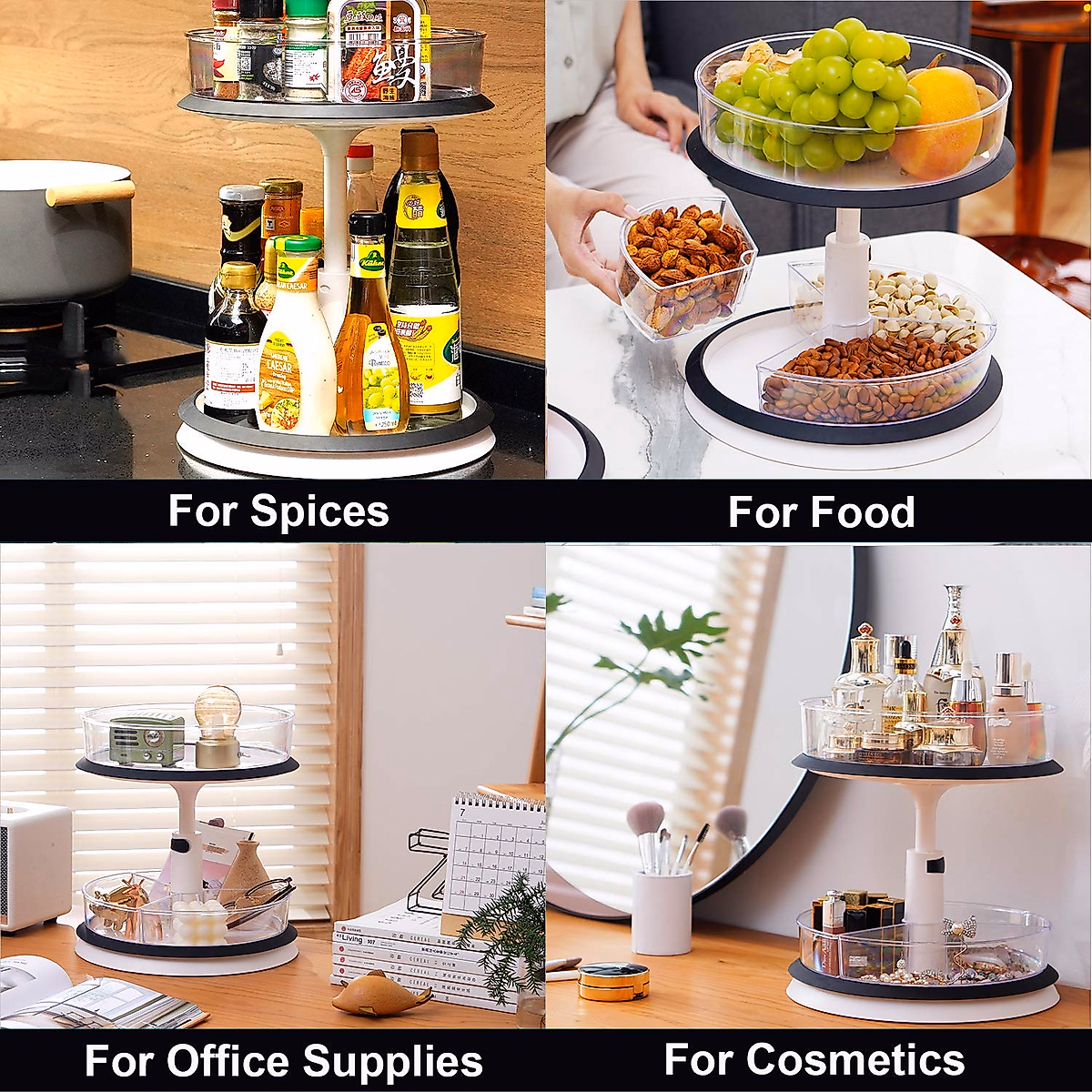 2 Tier Lazy Susan Turntable Kitchen Spice Rack Organizer for Cabinet Rotating Carousel Lazy Susan for Table Spice Storage Pantry Organization Height Adjust & Detachable Large Plastic Clear Bins