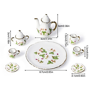 Dollhouse Tea Cup Sets 1:6 Scale Miniature Porcelain Dollhouse Accessories 8PCS Flower Pattern Teapot Platter Dish Sets Dollhouse Kitchen Supplies Decoration (Green)