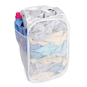 Smart Design Deluxe Mesh Pop Up Square Laundry Hamper w/ Side Pocket & Handles - VentilAir Fabric Collapsible Design - for Clothes & Laundry - Home - (Holds 2 Loads) (14 x 23 Inch) [White]