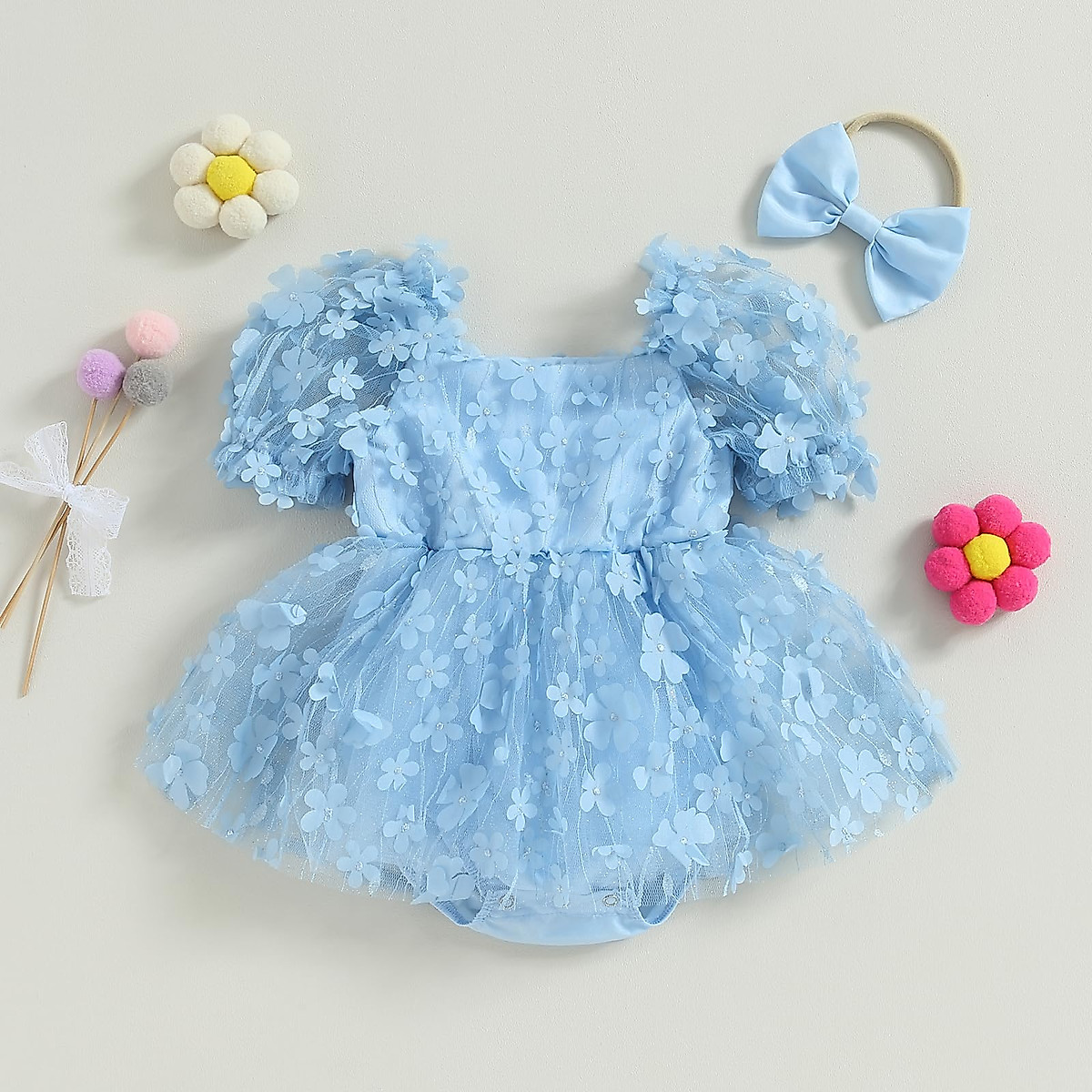 VISGOGO Baby Girl Tulle Dress Romper Sleeveless Onesie Knot Pleated Bodysuit Newborn Mesh Princess Outfits (D-Blue, 3-6 Months)