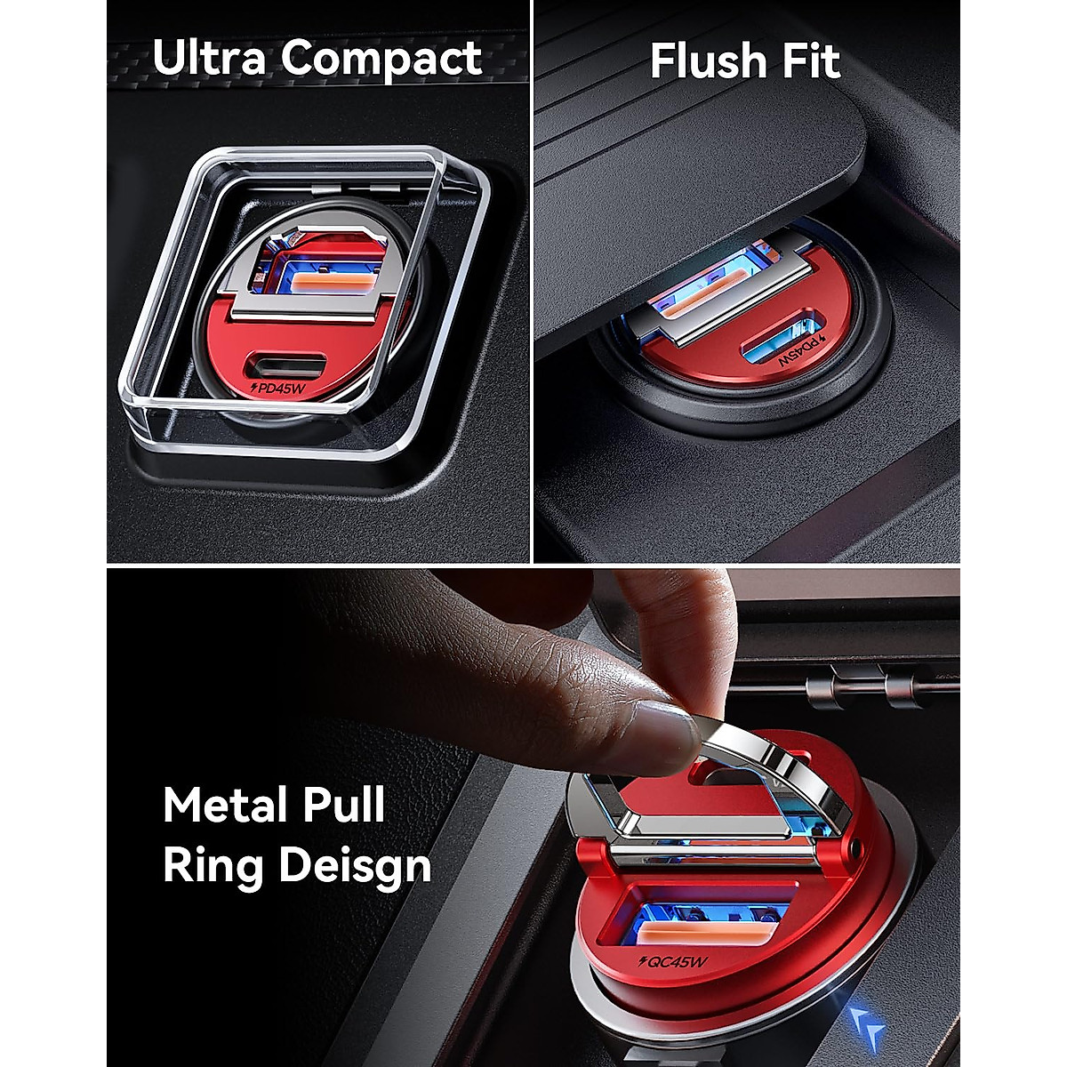 MRGLAS 90W USB C Car Charger Fast Charging,[Smallest Metal] Car Charger USB C PD45W+QC3.0 Dual Port Cigarette Lighter USB C Charger Car Charger Adapter for iPhone 16 Pro Max 15 iPad Samsung S25 -Red