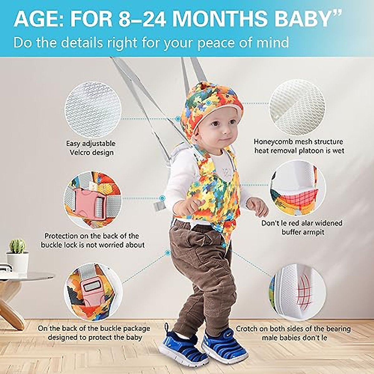 Baby Walking Harness + Baby Helmet- Adjustable Handheld Baby Walker Assistant, Belt Walker for Baby, 8-24 Months