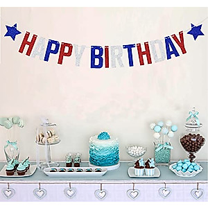 4th of July Happy Birthday Banner, Independence Day Birthday Party Decorations, Patriotic Independence Day Themed Birthday Decorations Blue Red White Glitter
