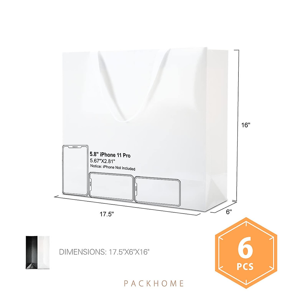PACKHOME 6 Extra Large Gift Bags 17.5x6x16 Inches, White Premium Gift Bags with Handles for Gift Giving (Glossy White)