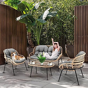 Urban Home Furniture Belize 4-Piece PE Natural Rattan Outdoor Conversation Set, 2 Single Chairs with Cushions, Loveseat with Cushions, Coffee Table with Glass Top, with Grey Cushions
