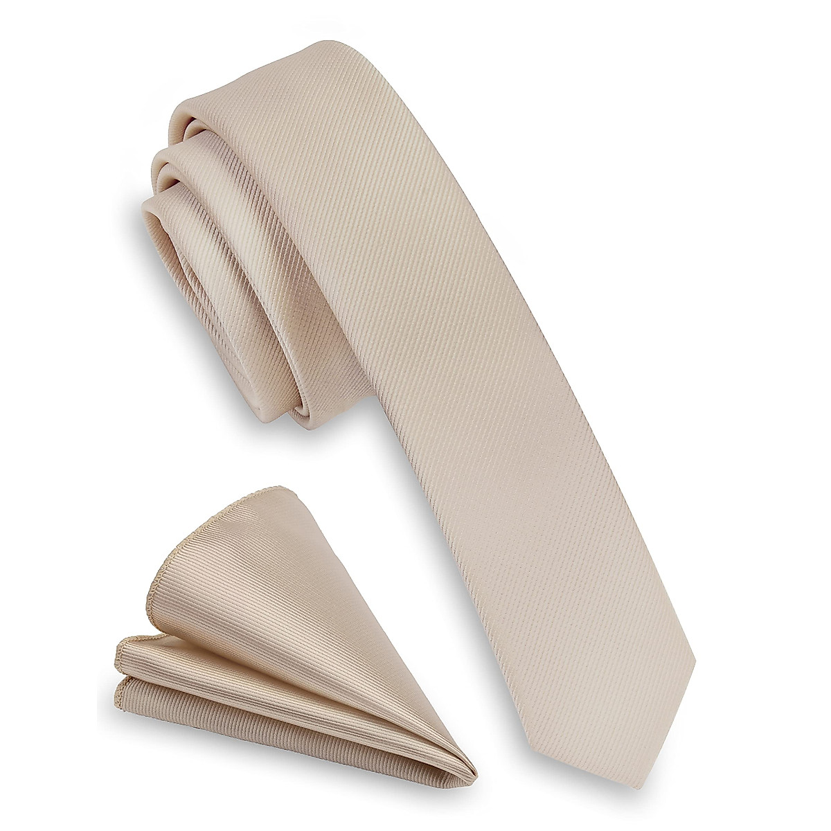 GUSLESON Champagne Slim Tie and Pocket Square Sets Solid Silk Ties For Men Thin Skinny Neckties (0802-10)
