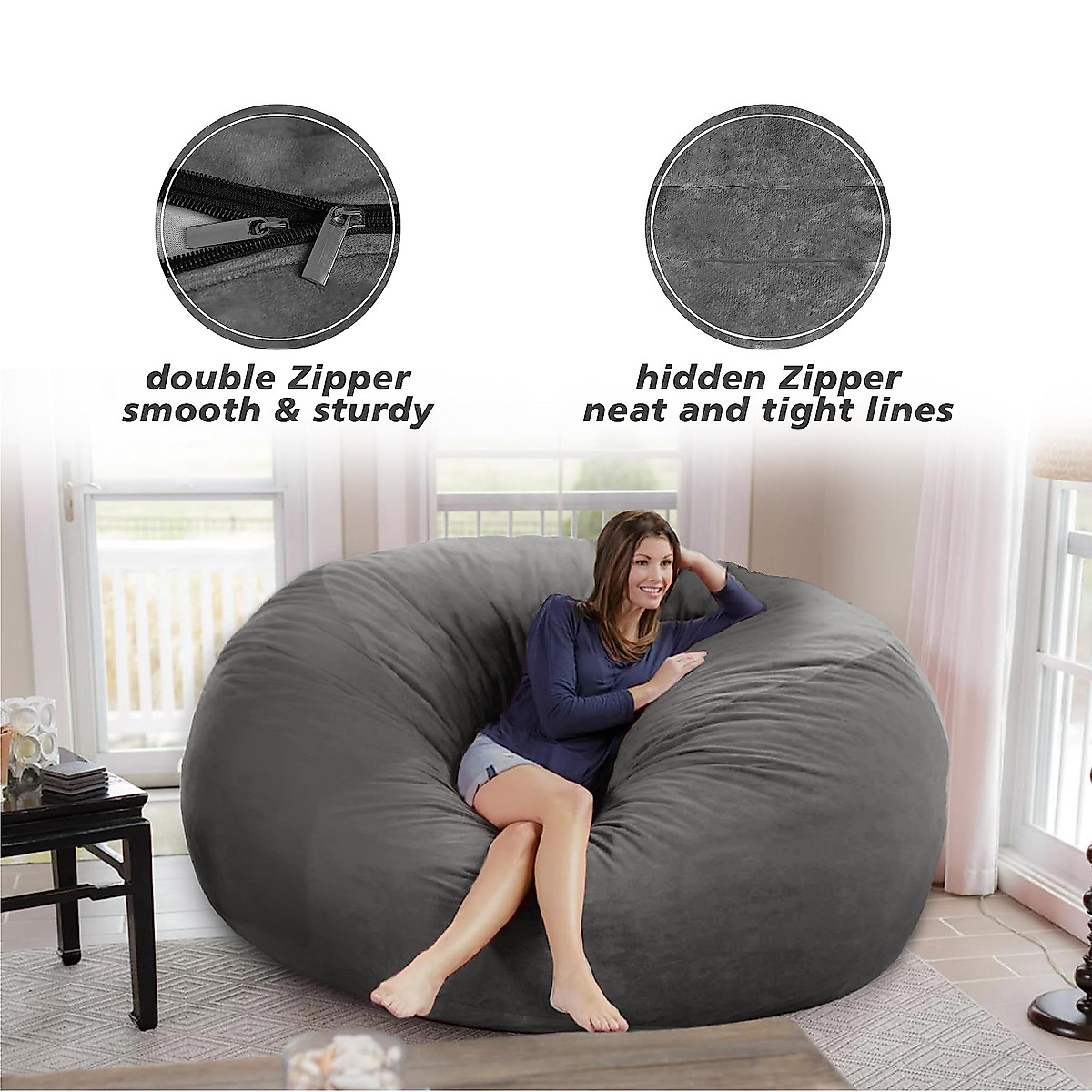 HOWSEESNOW 6FT Giant Bean Bag Chair Cover - Soft Fluffy Dutch Velvet Bean Bag Bed (No Filling, Cover Only), Comfy 6FT Bean Bag Cover, Oversized Lazy Sofa Cover