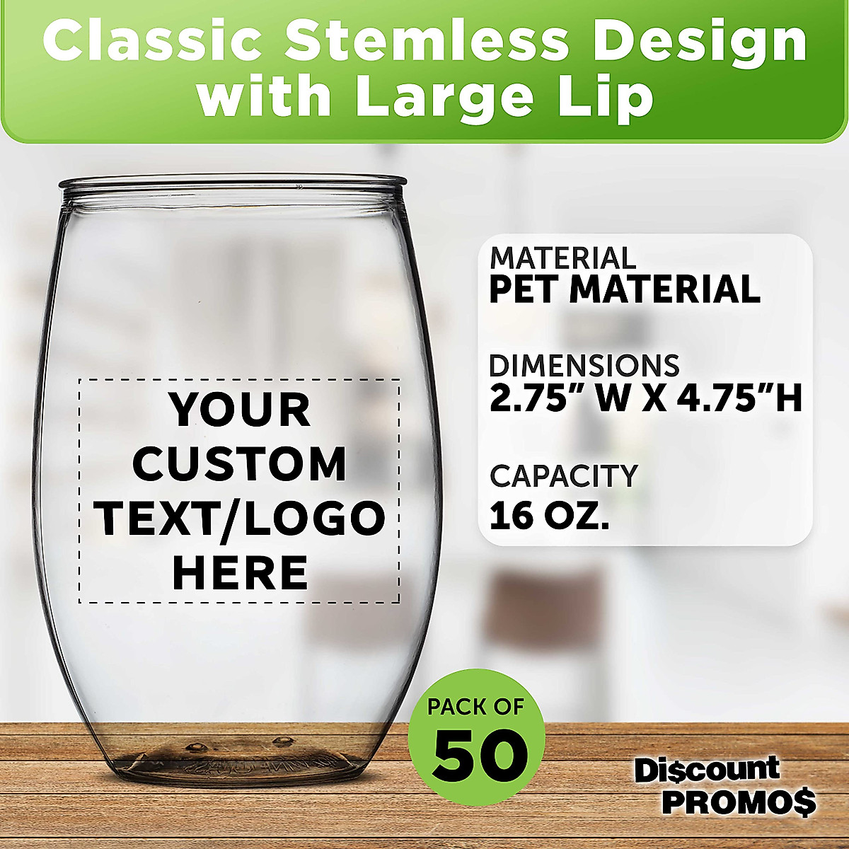 Custom Plastic Stemless Wine Glasses 16 oz. Set of 50, Personalized Bulk Pack - BPA Free, Great for Outdoor Lounges, Poolside, Parties and Other Events - Clear