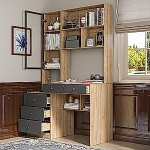 Homsee Computer Desk with Bookshelf & Glass Door, Modern Corner Desk with Storage Shelves, 47 Inch Large Writing Study Table with 5 Drawers & Open Cubes for Home Office, Brown and Grey
