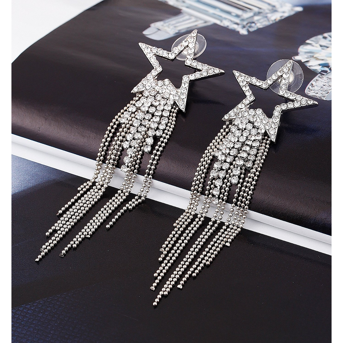 Women’s Tassel Earrings Star Ear Stud Pave Crystal Dangle Earrings Boho Waterfall Beaded Fringe Drop Earring