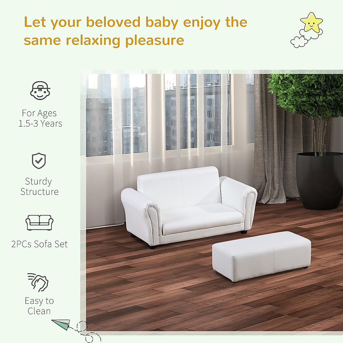 Qaba Kids Sofa with Footstool for Children, Toddler Couch for Playroom, Nursery, Living Room, Bedroom Furniture, White