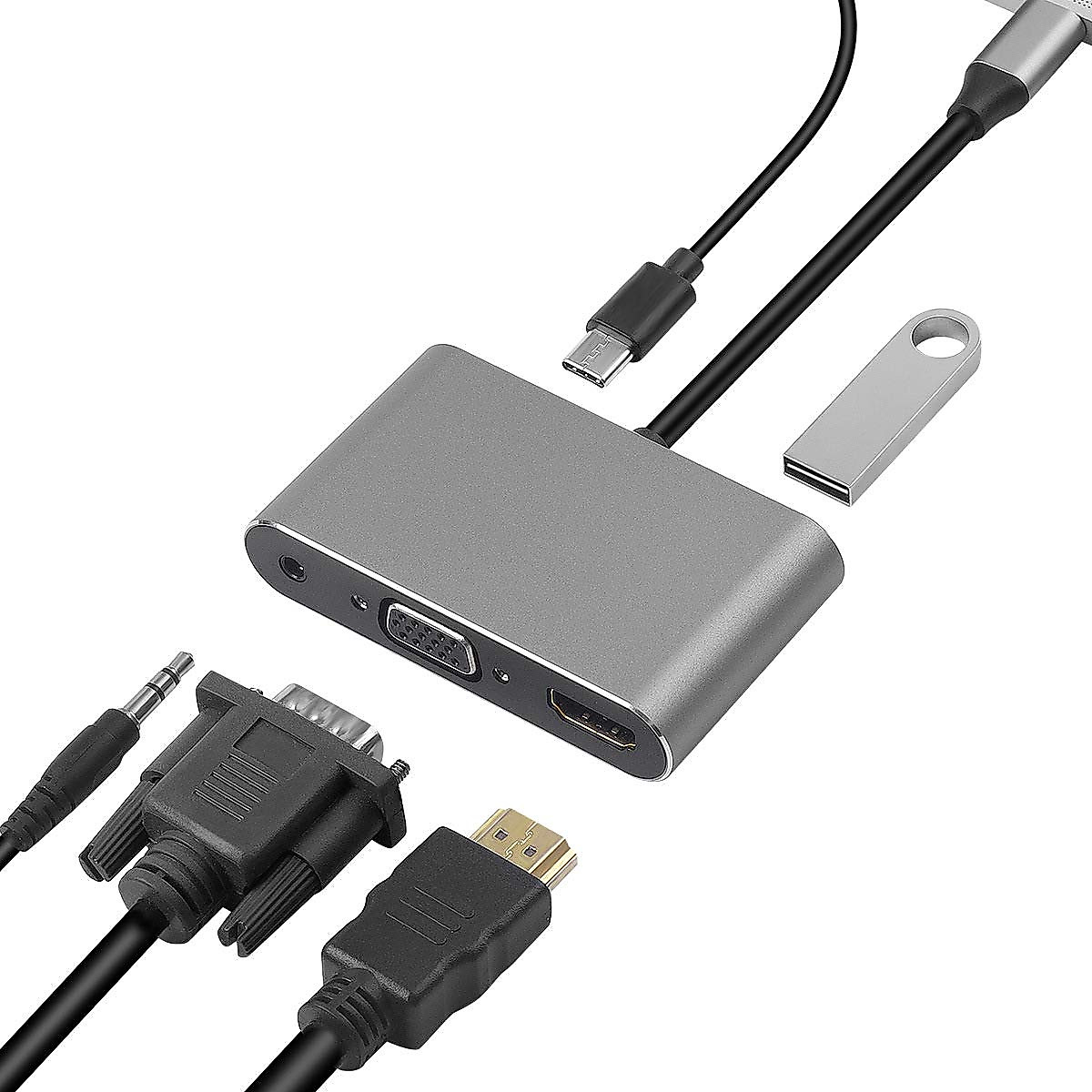 USB C Hub Type C 5 in 1 Hub to 4K HDMI, VGA, 1USB3.0Ports, with PD Charge