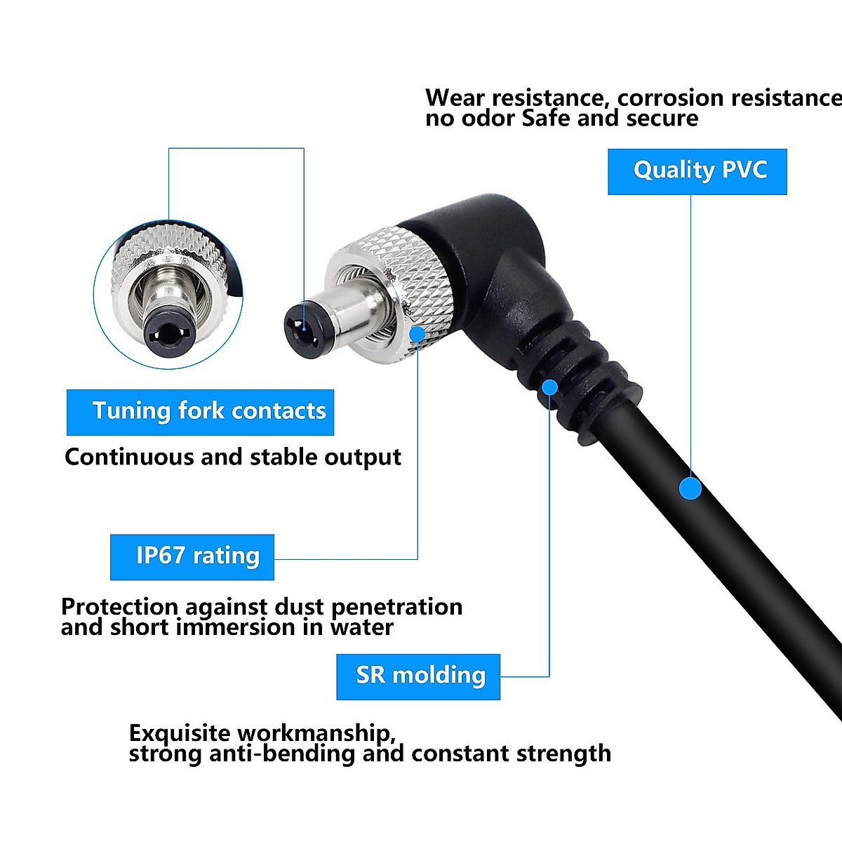 SinLoon 2 Pack DC Extension Cable 90 Degree DC Power Adapter Plug 5.5mm x 2.1mm Male to Female Extension Wire with Lock Nut for DC 12V Power Adapter, CCTV Security Camera (0.5M/1.65FT)