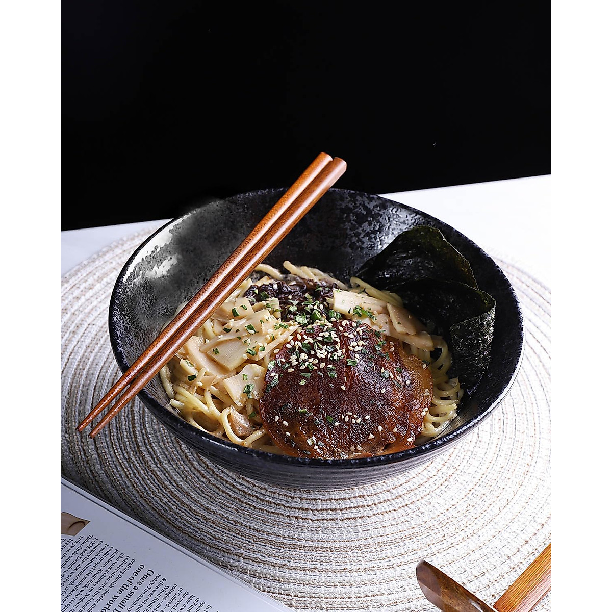 Kanwone Ceramic Japanese Ramen Bowl Set, Noodle Soup Bowls - 60 Ounce, with Matching Spoons and Chopsticks for Udon Soba Pho Asian Noodles, Set of 2, Black