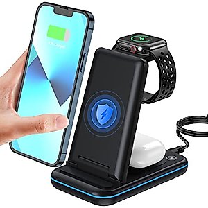 Wireless Charging Station, KOOPAO 3 in 1 Fast Wireless Charger Stand Dock Compatible with iPhone 14/13/12/11/Pro/Max/XR/XS/X, Fit for iWatch Series 7/6/5/SE/4/3/2, Airpods Pro/2/3 (with Adapter)