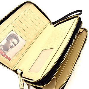 Authentic Licensed Frida Kahlo Picture PU Leather Double Zipper Wristlet Wallet (Baby Frida Cartoon Theme - Beige/Black)