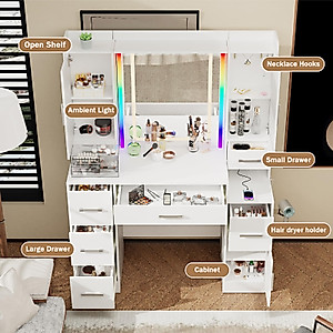 Hiwelldas Vanity Desk with Mirror and Lights, 43.3'' Large Makeup Vanity with RGB Ambient Light & Power Outlet, Dressing Table with 7 Drawers, 3 Cabinets, 6 Hooks,1 Dryer Rack,White