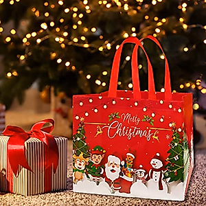 MISS FANTASY 12 Pack Durable Christmas Non-Woven Tote Bags 4 Patterns Reusable Grocery Bags Xmas Party Favors or Shopping Use Christmas Theme 12.8W x 9.8H x 2.8D (Red Blue Green and Golden)