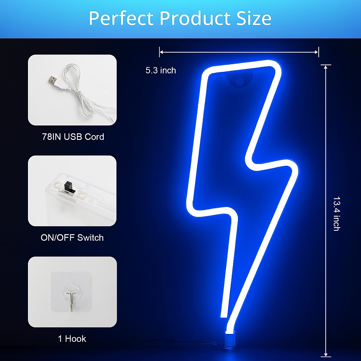 XIYUNTE Neon Sign Lightning Bolt Neon Light Sign for Wall Decor, USB or Battery Powered Blue Led Lightning Bolt Neon Signs for Bedroom, Kids Room, Living Room, Bar, Party, Christmas, Wedding