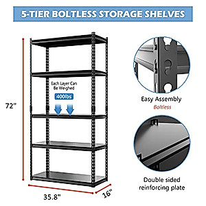 Woueniut Garage Storage Shelves, 72" Heavy Duty Metal Storage Utility Rack with Adjustable 5 Tier Shelving Storage Rack for Warehouse Basement Kitchen Living Room 35.8" W x 16" D x 72" H (4 Pack)