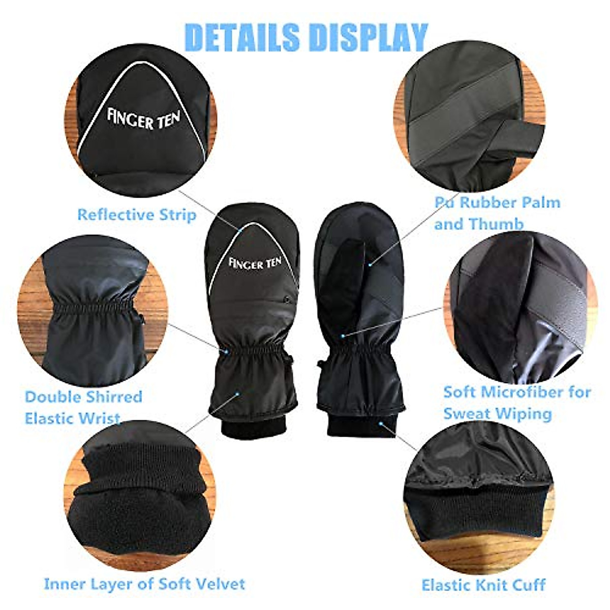 FINGER TEN Winter Golf Gloves Mittens Mitts Men Thermal 1 Pair, Windproof Waterproof Anti Slip Grip Warm Cold Weather Mitt for Push Cart and Practice Christmas Gift Pack (1 Size)