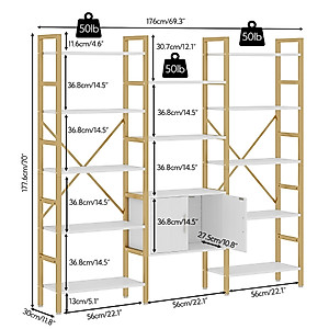Yusong Bookshelf Triple Wide 5 Tier Bookcases with Storage Cabinet, Industrial Large Modern Tall Bookshelves with 12 Open Display Shelves for Living Room Office Bedroom, White Oak and Gold