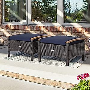 Tangkula 2 Piece Patio Rattan Ottomans, Outdoor Wicker Footstool w/Acacia Wood Handles, Soft Zippered Cushions, 3-in-1 Function Footstool Seat & Side Table for Backyard, Balcony, Poolside (Navy)