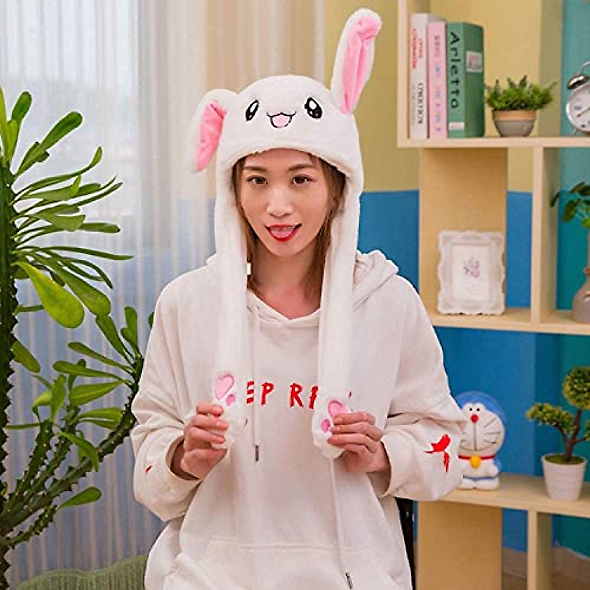CNHNGTS Funny Plush Bunny Moving/Jumping Rabbit Cute Unisex Animal Ear Flap Hat with Paws for Women Girls, White, One Size