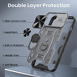 VEGO iPhone 14 Pro Max Case with Slide Camera Cover, Built-in 360 Rotate Ring Kickstand, Magnetic Protective Cover, Grey