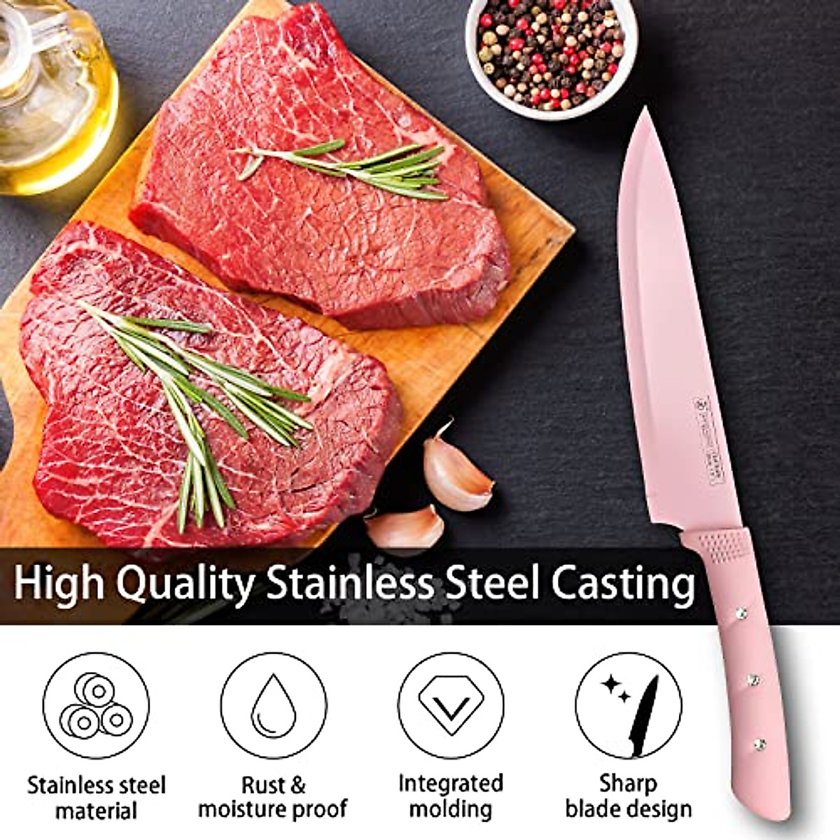 Kitchen Knife Set, Retrosohoo Pink Flower 6PC Stainless Steel Sharp Chef Knife Set with Acrylic Stand, Cooking Non-slip Knife Set with Block, Non-stick Colorful Coating Gift for Women Girls (Pink)