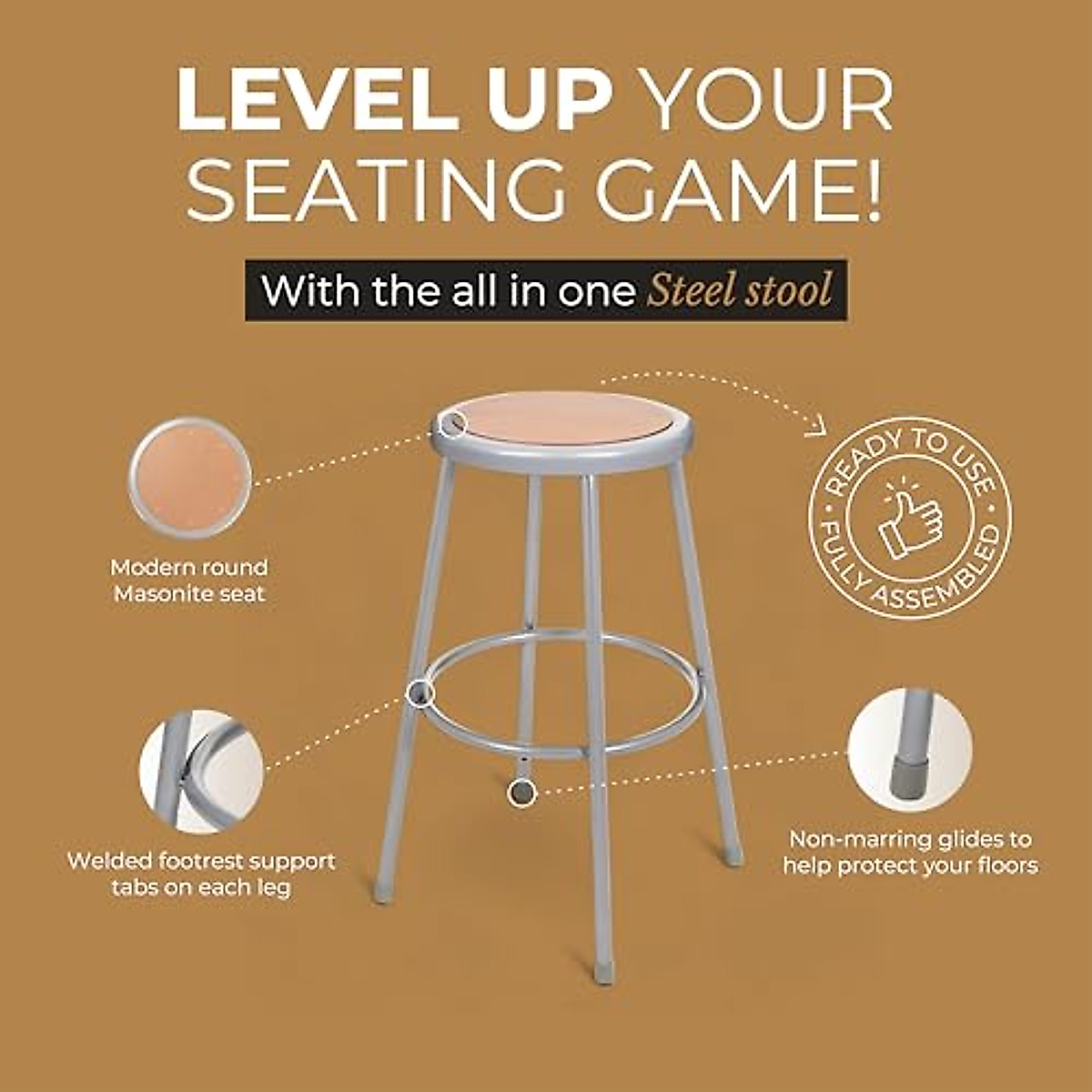 OEF Furnishings (2 Pack) Steel Stools, Grey, 30" High, No Assembly Required