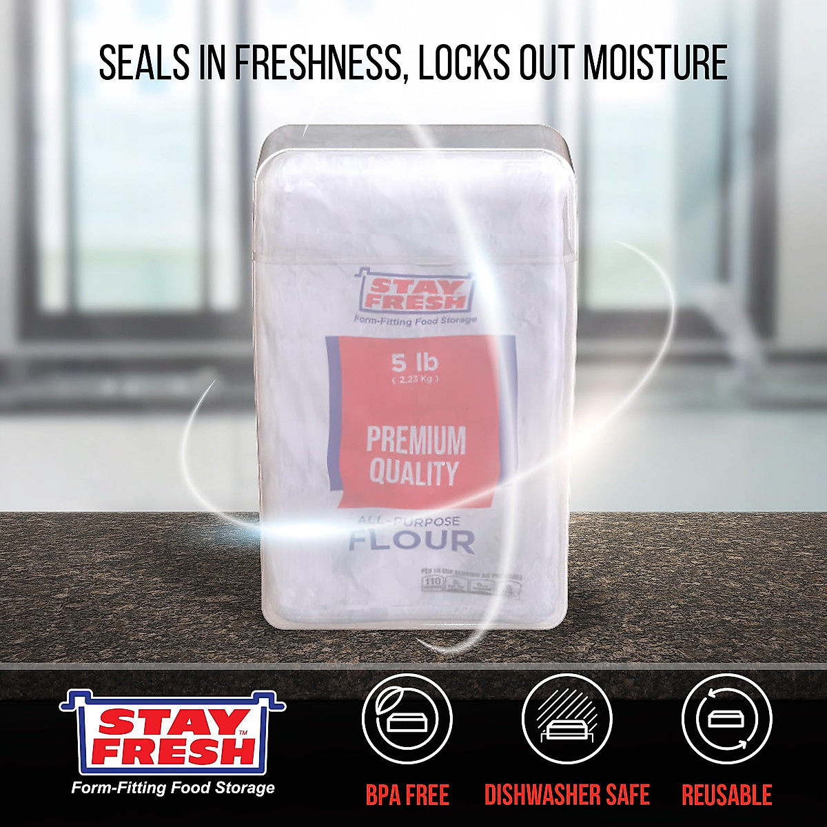 Stay Fresh Clear Flour Storage Container - Plastic Flour Canister for Kitchen Pantry, Baking Needs - Holds 5LB Bag of Flour - Large Form-Fitting Food Keeper Bin - Flour Holder