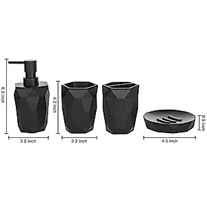 MyGift 4 Piece Modern Black Resin Bathroom Accessories Set with Geometric Design Includes Lotion Pump Bottle, Toothbrush Holder, Tumbler and Soap Dish