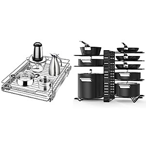 G-TING Pot Rack Organizers & Pull Out Cabinet Organizer, Adjustable Pots and Pans Organizer with 3 DIY Methods for Kitchen Organization, 12.44" W x 16.54" D Under Sink Slide Out Storage Shelf(2 Pack)