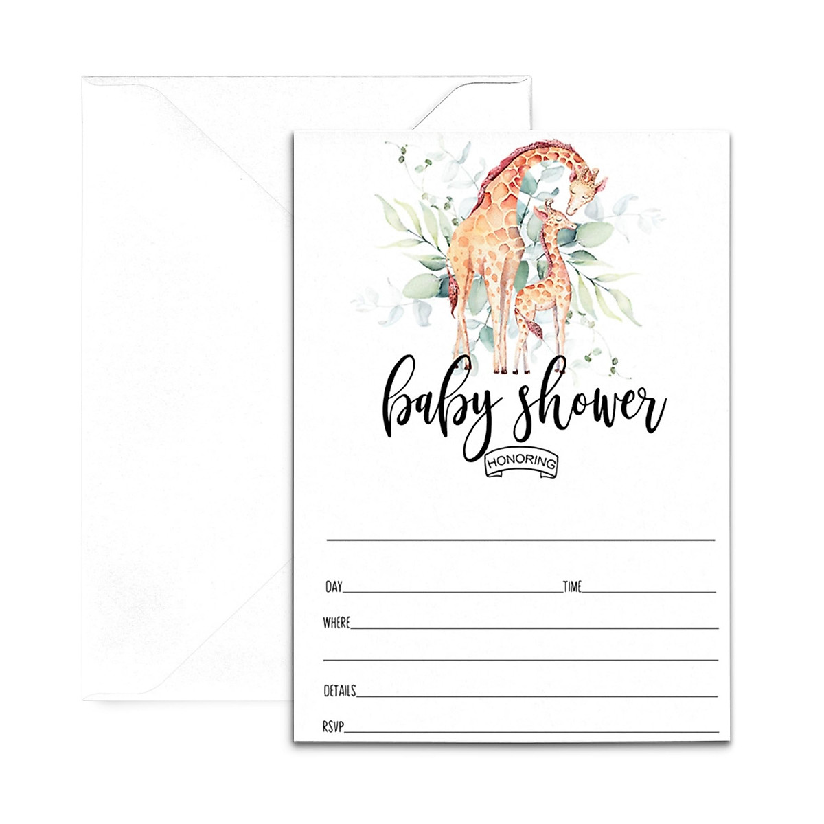 Giraffe Baby Shower Invitations Gender Neutral (25 Pack) Blank Invites for Reveal Parties – Greenery Theme Boy or Girl – Handwrite Party Details on Printed Invitation with Envelope Set 5x7
