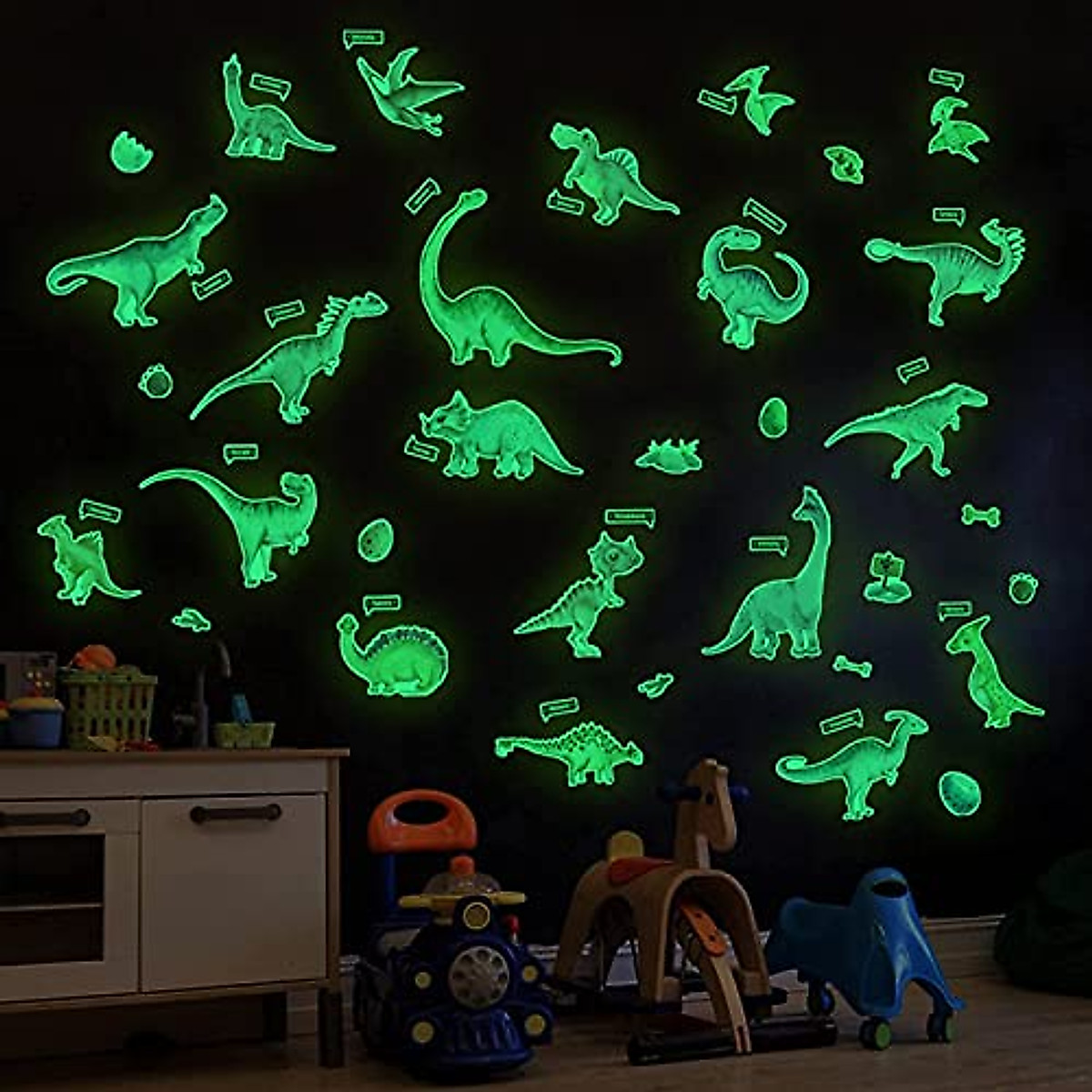 Glow in The Dark Dinosaur Wall Decals, Glowing Stickers for Ceiling, Boys Bedroom Decoration, Large Luminous Removable Dinosaur Wall Decor for Nursery, Kids Birthday Gift
