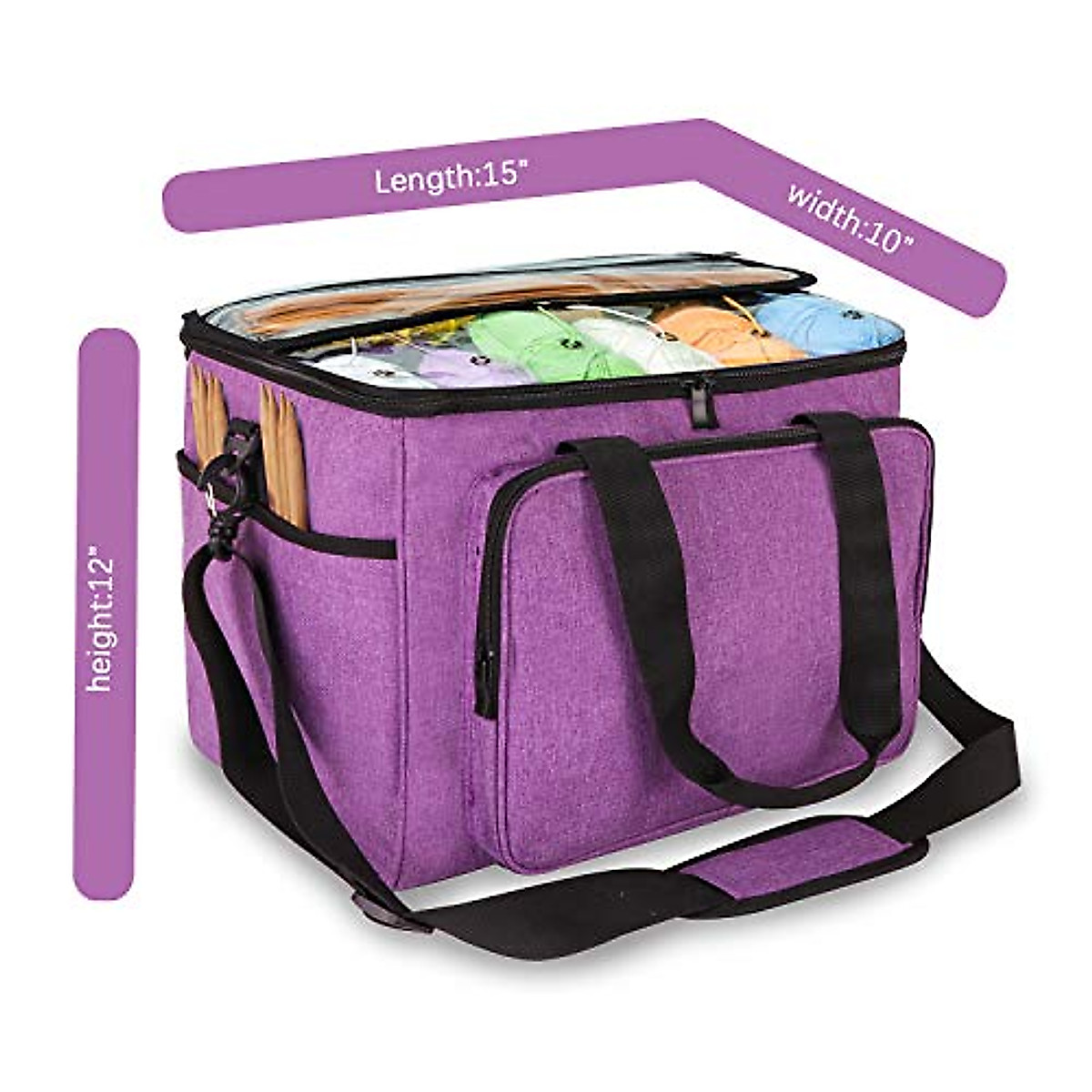 Knitting Bag, Yarn Tote Storage Organizer with Separate Crochet Hooks & Knitting Needles Bag,Slits on Top to Protect Wool and Prevent Tangling Large Purple