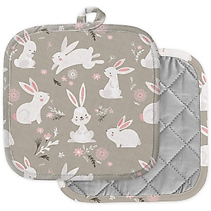 [Pack of 2] Pot Holders for Kitchen, Washable Heat Resistant Pot Holders, Hot Pads, Trivet for Cooking and Baking ( Easter Design Bunnies )