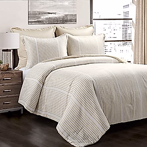 Lush Decor Farmhouse Drew Stripe Silver-Infused 5 Piece Comforter Set, King, Neutral