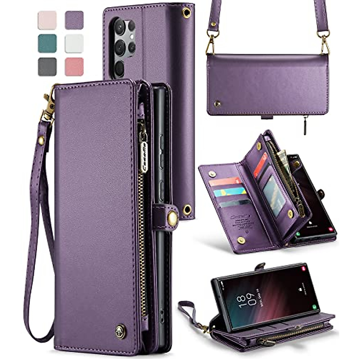 ASAPDOS Samsung Galaxy S23 Ultra Case Wallet,Retro Suede PU Leather Strap Wristlet Flip Case with Magnetic Closure,[RFID Blocking] Card Holder and Kickstand for Men Women Purple