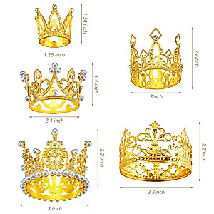 10 Pieces Crown Cake Topper Birthday Mini Crown Pearl Crystal Tiara Vintage Small Crowns Metal Crown Decorations for Wedding Birthday Baby Shower Party, 5 Styles(Gold)