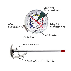 Milk Thermometer For Steaming Milk - Ideal Milk and Coffee Temperature Thermometer With 175 mm Stainless Steel Probe and Clip Barista Coffee Espresso