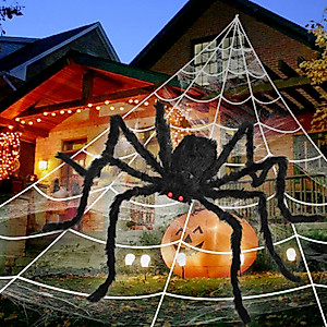 EZIGO Halloween Spider Decorations 3PCS Giant Spider Huge Spider Web Stretch Web Component of Huge Spider and Mega Spider Web Halloween Party Supplies Yard Halloween Outdoor Décor Haunted Decoration