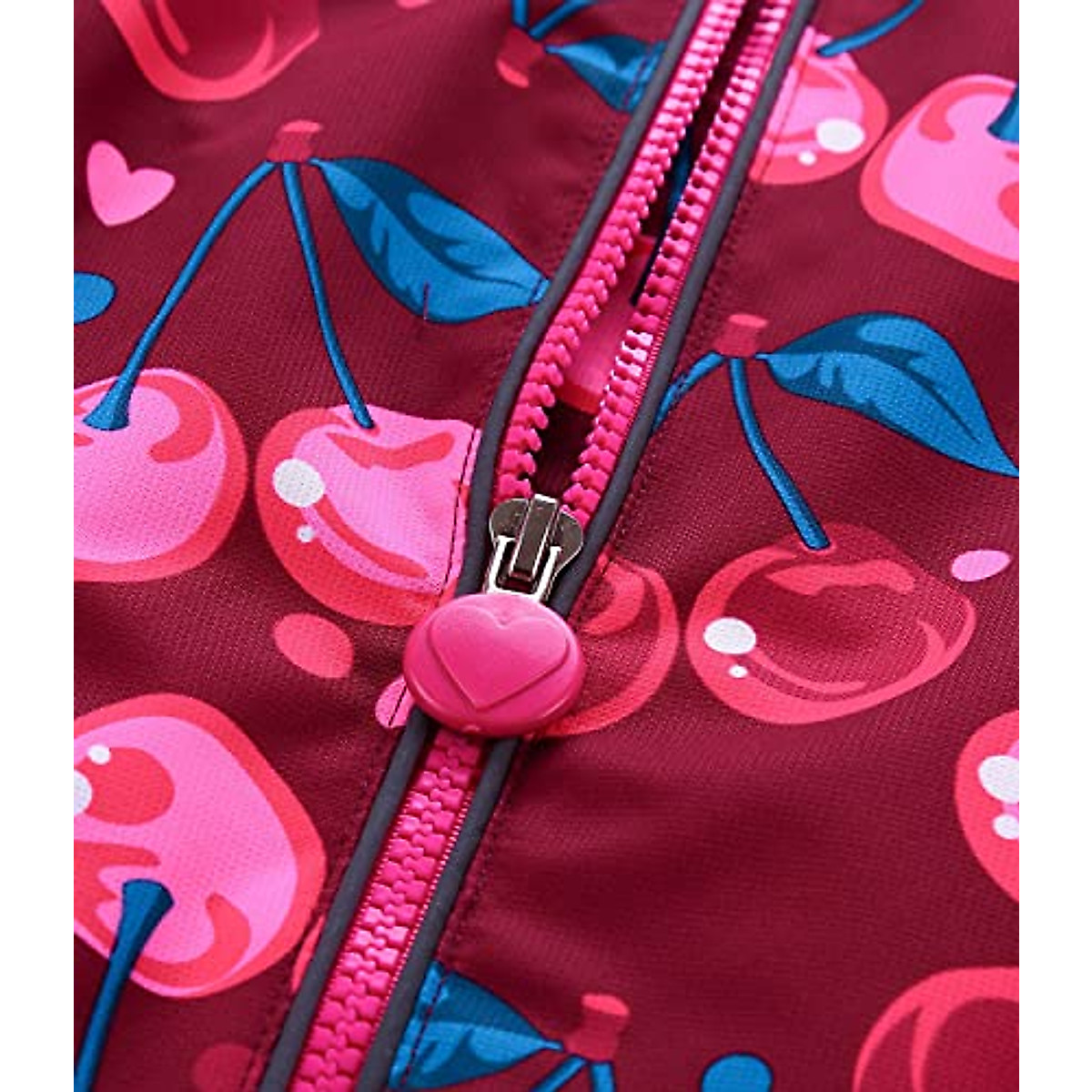 DILIBA Girls Rain Jacket Lightweight Waterproof Windbreaker Hooded Raincoat Winter Warm Fleece Lined Coat for Kids Wine Red Heart 9-10 Years