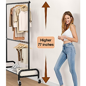 MISSLO Heavy Duty Clothing Racks for Hanging Clothes Rack Double Rod Garment Rack Rolling Closet Wardrobe Rack on Wheels, Metal, Adjustable, Black