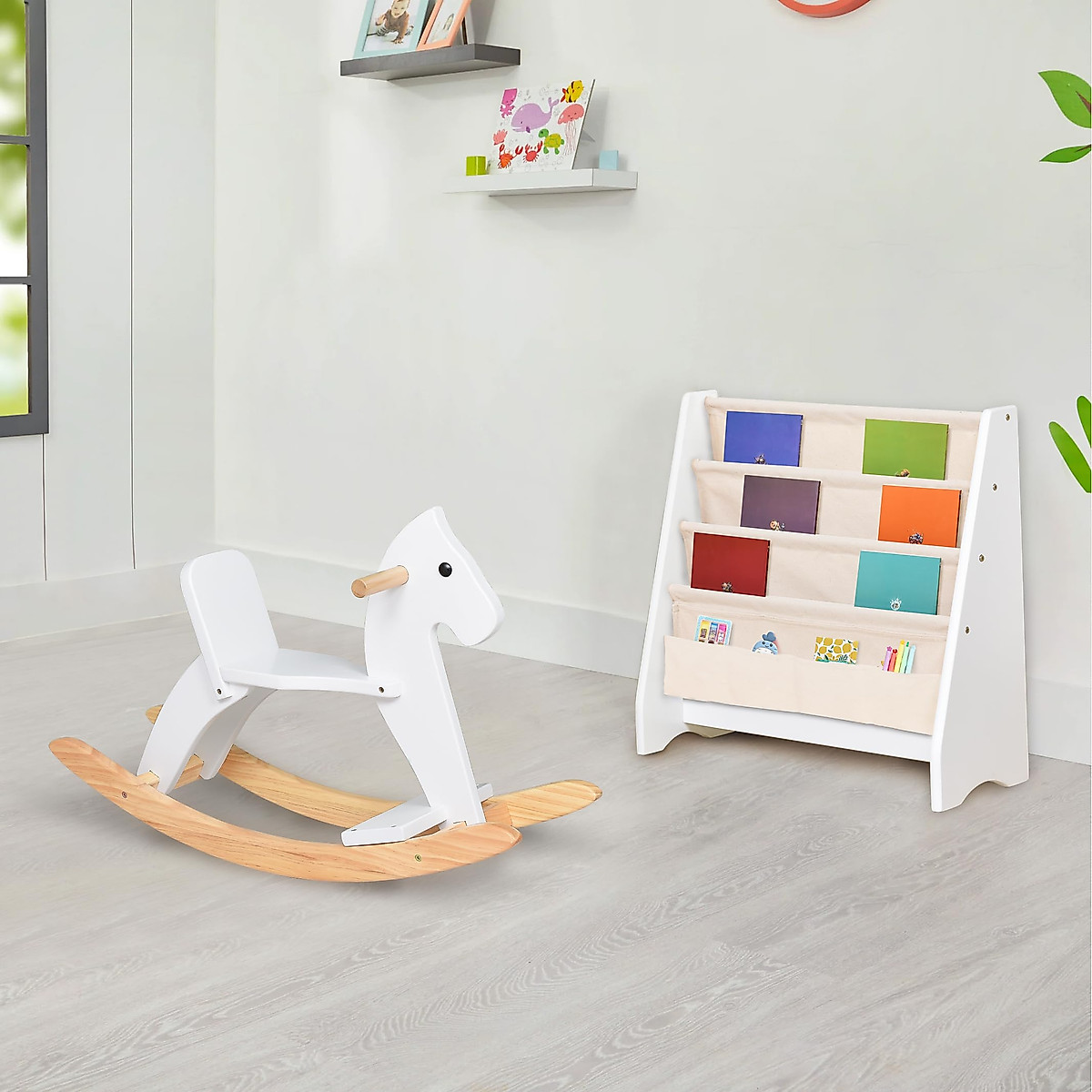KRAND Wooden Rocking Horse Baby Ride On Toy for Toddlers Solid Wood Classic Design with Comfortable Pedal and Safe Backrest Ideal Gift for Kids (Classic, White)