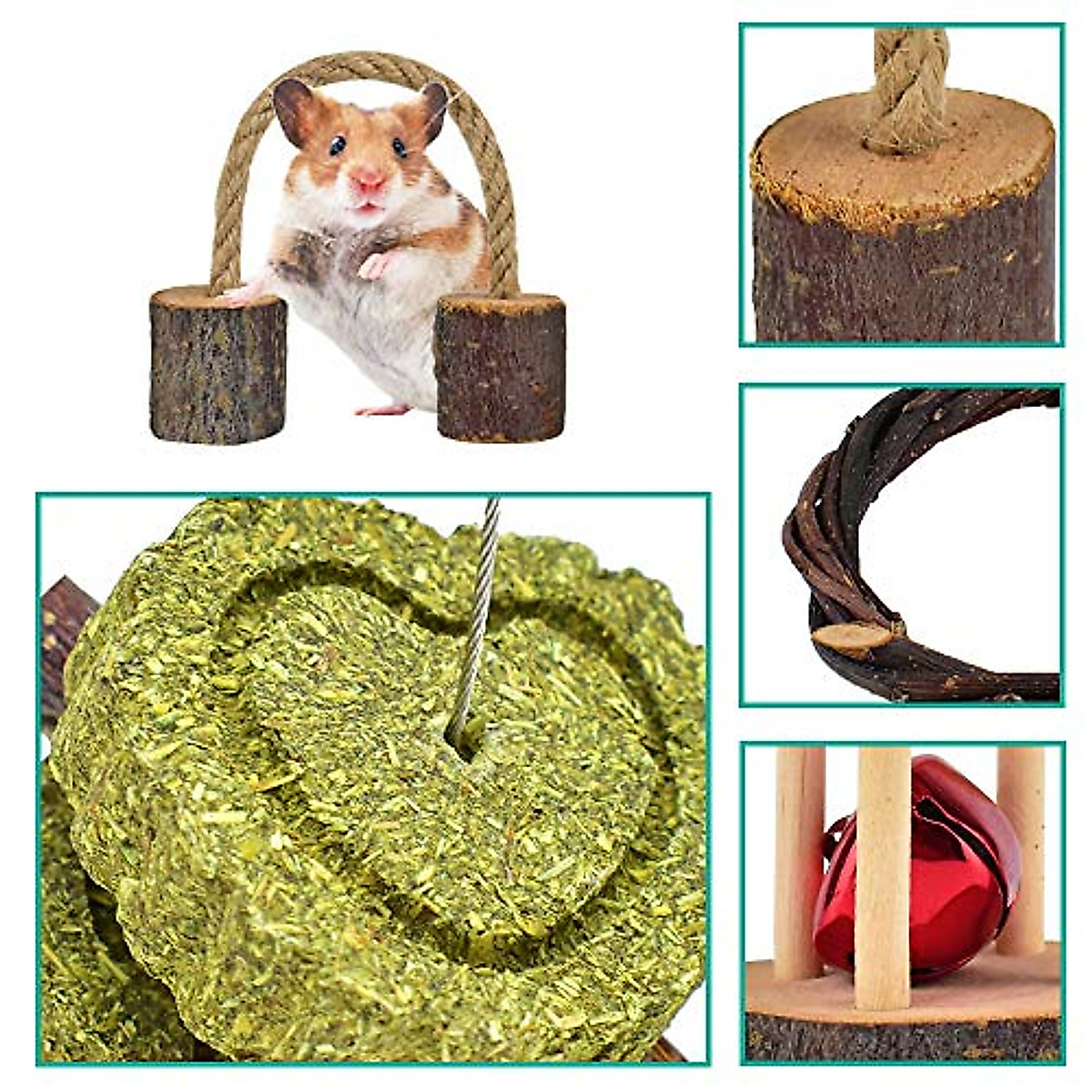 ERKOON New 12 Pack Hamster Chew Toys Gerbil Rat Guinea Pig Chinchilla Chew Toys Accessories, Natural Wooden Dumbbells Exercise Bell Roller Teeth Care Molar Toy for Rabbits Bird Rabbits Hamster Gerbil